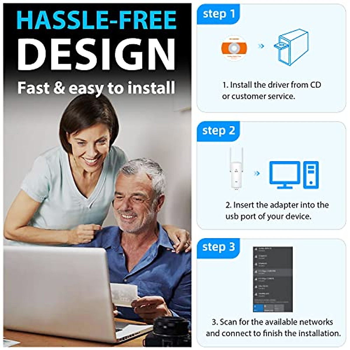 USB WiFi Adapter 1300Mbps USB 3.0 WiFi Dongle Dual Band WiFi Wireless Network Adapter for Desktop Laptop PC, Supports Windows 11/10/8.1/8/7, Mac OS 10.9-10.15, Dual 5dBi High Gain Antennas