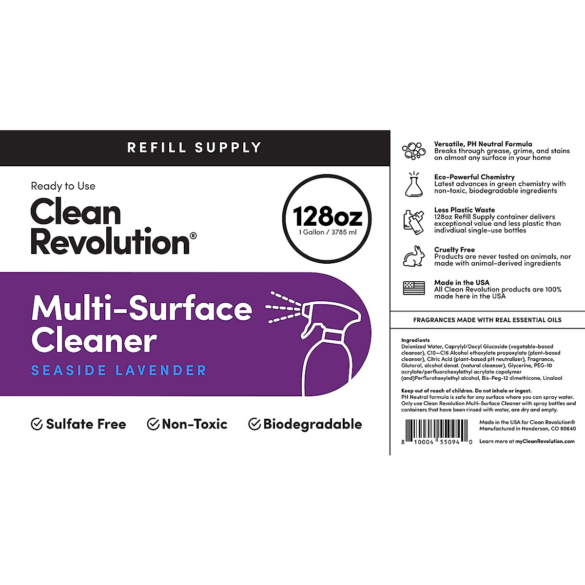 Clean Revolution Multi Surface Cleaner Refill Supply, Non-Toxic, Eco-Friendly & Plant-Based, Ready to Use, Seaside Lavender, 128 Fl Oz (1 Gallon)
