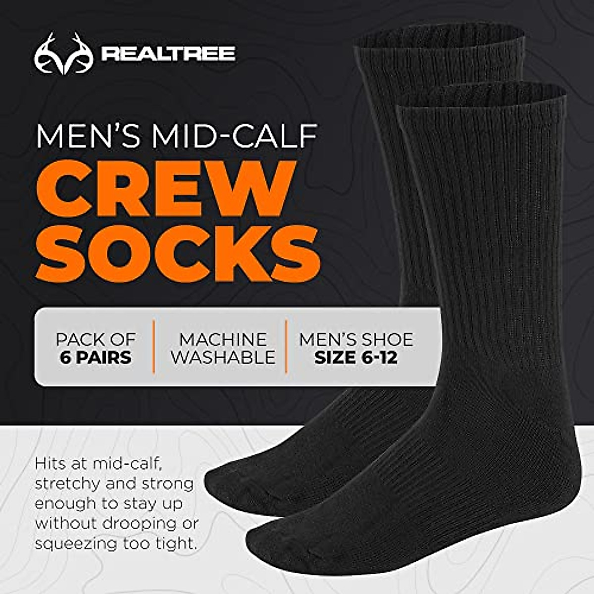 Realtree Comfort Dry Cushioned Crew Black Mens Socks Size 6-12 (Tall)
