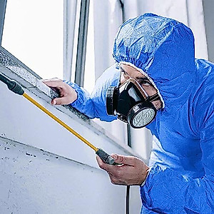 AMZ Disposable Coveralls with Hood, Medium Size. Pack of 5 Blue Hazmat Suits with Front Zip, Elastic Wrists and Ankles. 50 GSM SMS Lab Coveralls. Hazmat Costume Adult. Waterproof Painting Coveralls