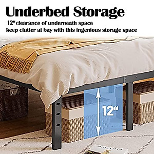 Auroral Zone 14in High Heavy Duty California King Bed Frames No Box Spring Needed, Metal Platform Cal King Bed Frame with 3in Wide Wood Slats, Easy Assembly, Noise Free, Black