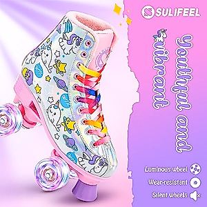 SULIFEEL Rainbow Unicorn Roller Skates for Girls Light up Wheels Womens Quad Skates with High Top Reflective TPU Leather Unicorn