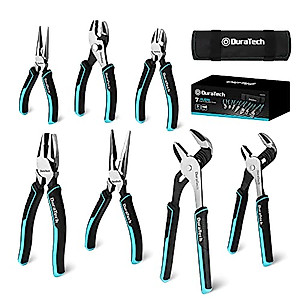 DURATECH 7-Piece Pliers Set, Premium Cr-Ni Construction (10", 8" Groove Joint Pliers, 8", 6" Long Needle Nose, 8" Linesman, 6" Slip Joint, 6" Diagonal) for Basic Repair, with Oxford Rolling Pouch