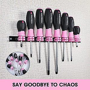 WORKPRO Magnetic Screwdrivers Set, 8-piece Pink Hand tools for Womens, Includes Philips, Flathead, Slotted, Stubby Screwdrivers with Organizer Rack - Pink Ribbon
