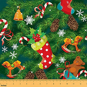 Feelyou Christmas Fabric by The Yard, Christmas Tree Pine Cones Upholstery Fabric, Snowflake Toy Bear Outdoor Fabric, Christmas Sock Xmas Theme Reupholstery Fabric for Chairs, 1 Yard