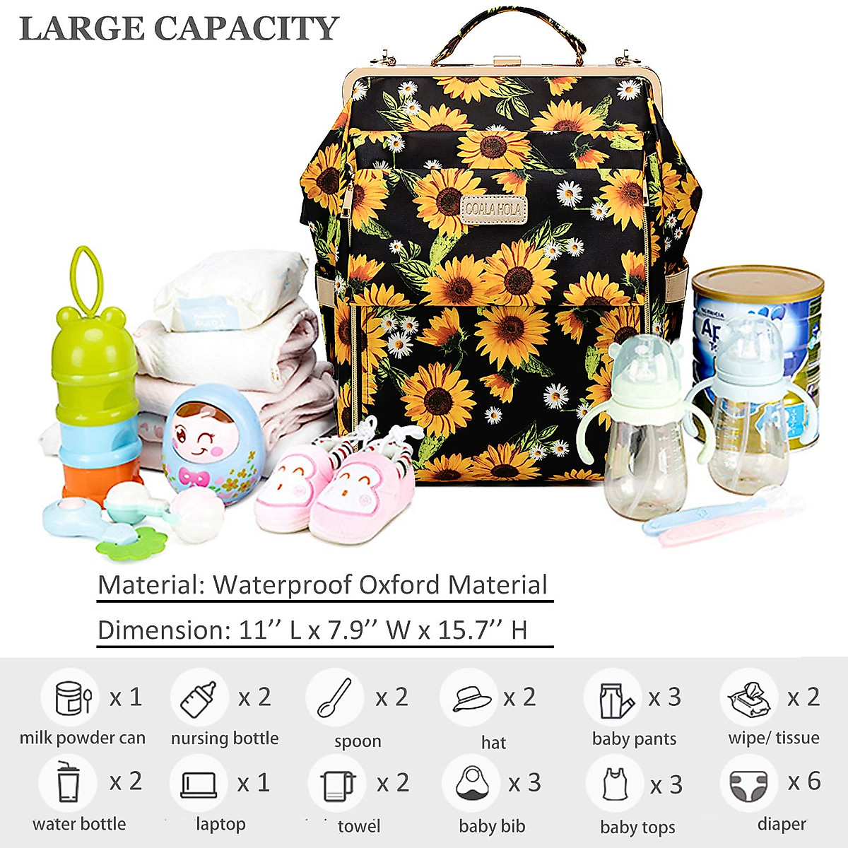 COALA HOLA Baby Diaper Backpack with Changing Pad, Multi-function Baby Bag, Waterproof Diaper Bags