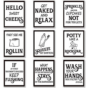 9 Pieces Bathroom Wall Decor, Funny Vintage Bathroom Sign Bathroom Quotes Sayings Art Prints Bathroom Posters for Wall Restroom Bathroom Decor Pictures, Unframed (Black Font)