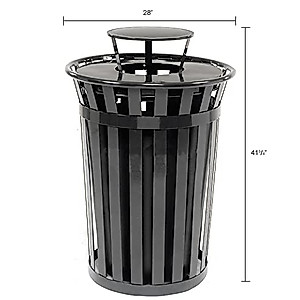 Global Industrial 36 Gallon Outdoor Metal Slatted Trash Receptacle with Rain Bonnet Lid, Black