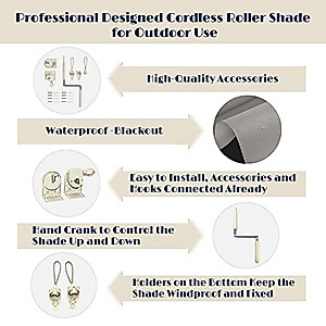 Sunbox Outdoor Roller Shades, Blackout Cordless Exterior Crank Operated Solar Shade, Roll Up Shade Privacy and UV Protection for Patio Porch Backyard Gazebo Deck Pergola, Grey Brown