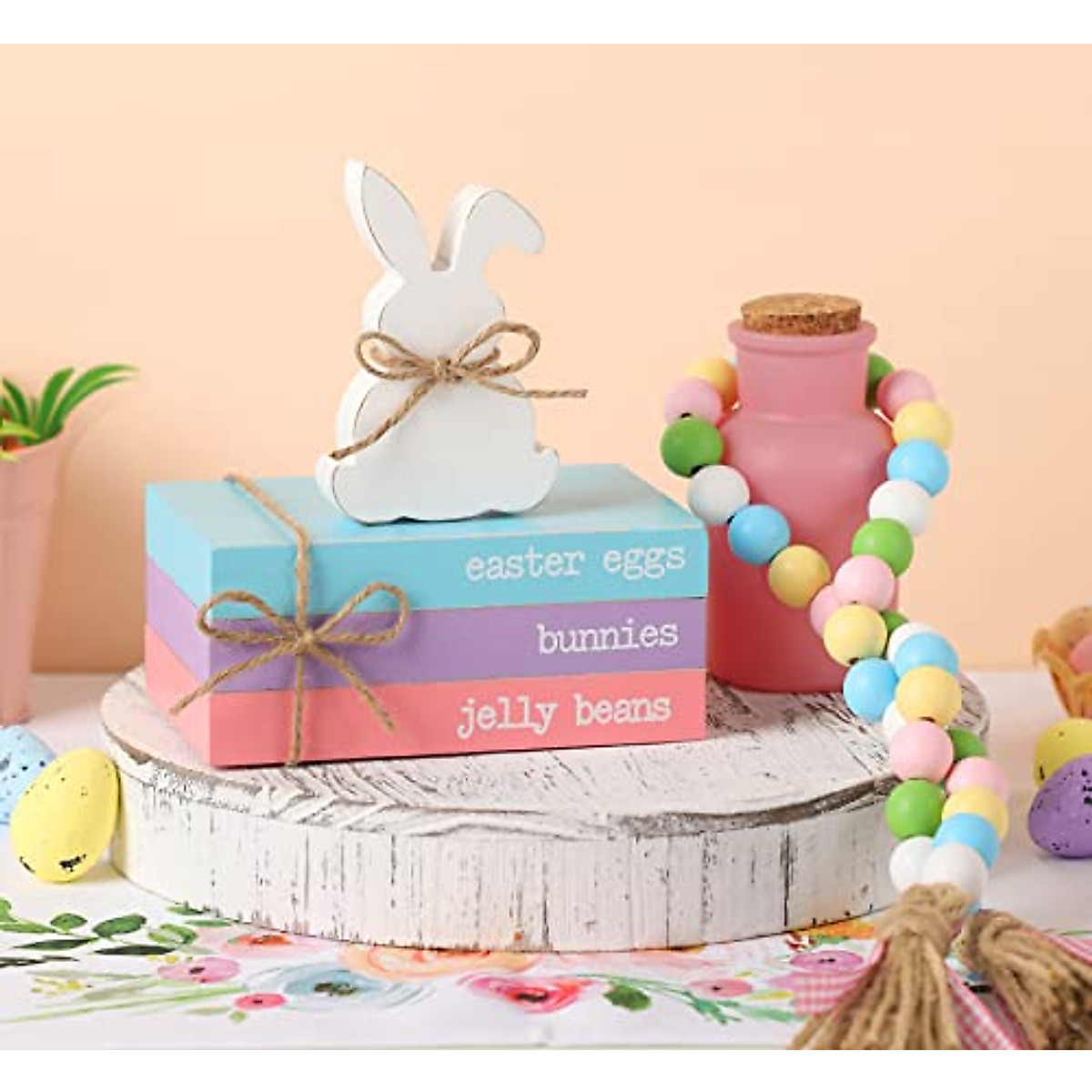 Easter Tiered Tray Decor, Spring Easter Decor for Table, Wood Book Stack with White Bunny and Bead Garland for Easter, Farmhouse Easter Mini Faux Decorative Books Bundle