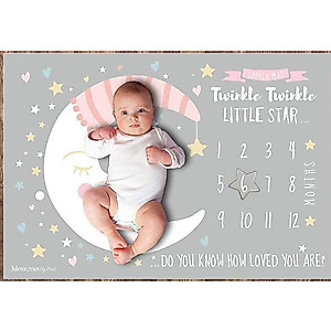Baby Monthly Milestone Blanket Newborn Girl Pink Moon Star Smiley Hat Photo Props Shoots Backdrop Shower Gift Nursery Decor Photography Growing Infants Memory Swaddle Blanket with Headband Frame