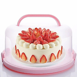 NVAZIOP 10 Inch Cake Carrier Stand Round Holder Storage with Lid and Handle for Transport Storage Container Tray Cake Cover Stand Cupcake Containers Keeper Kitchen Cooking Box Large (Pink)