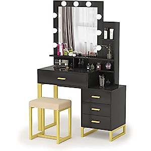 Hsozptry Vanity Set with Lighted Mirror, Makeup Vanity Table Set with LED Light, Drawers, Storage Shelves and Cushioned Stool, Small Vanity Desk for Bedroom (Black)