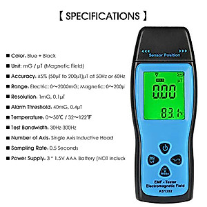 EMF Meter,Handheld Electromagnetic Field Tester, Radiation Meter, 0～2000mG/0～200μT, 0.1μT Resolution, 30Hz～300Hz, for Home Appliances, Power Lines and Industrial Equipments