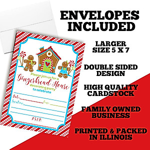 Amanda Creation Christmas Invitations with Envelopes – Gingerbread House Decorating, 20 Pack 5x7 Double Sided Fill-In Invite Cards with Twenty White Envelopes Perfect for Christmas Birthday Parties