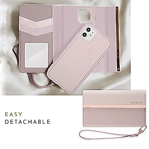 HABITU [Folio Collection 2022 Eris Tri-Fold Pink Wallet Case for iPhone XR/11, Detachable Vegan Leather Magnetic Folio with Card Pockets, Mirror & Strap for Women, for Women