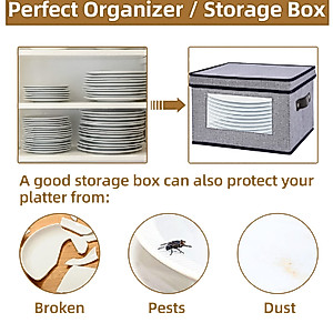 YheenLf 3 Sets China Storage Containers With Lid and Handles, Dinnerware Storage Box for Dishes Plate Storage Containers with 30 Felt Dividers, Hold 30 Plates, 12 x 12 x 8 inches, Grey