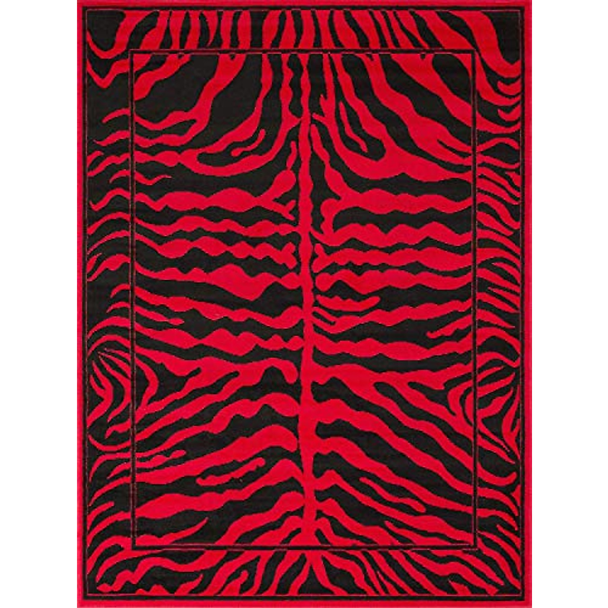 Modern Animal Print Skin Red & Black Area Rug Zebra Bordered African Carpet (5’ 3” X 7’ 5”)