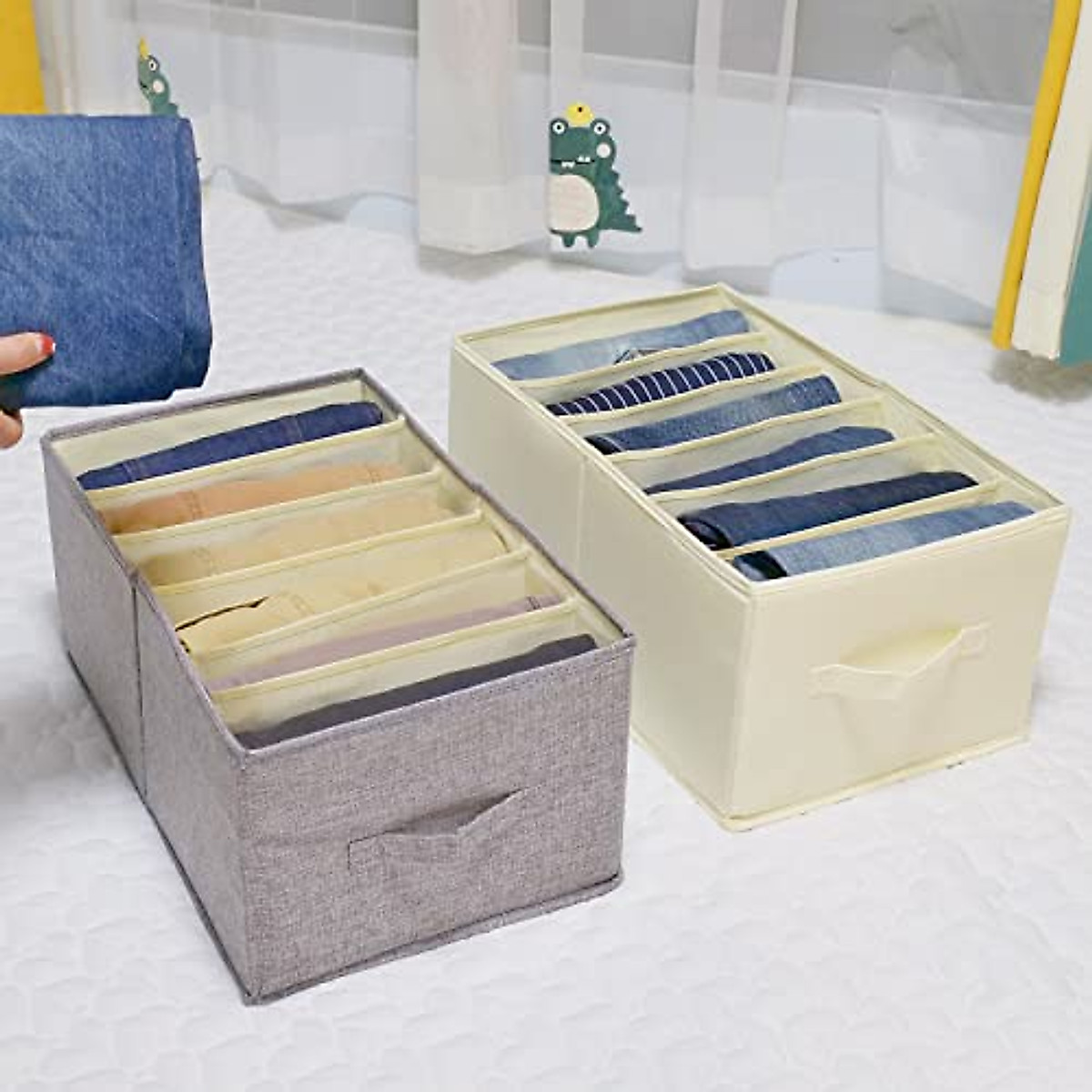 Wardrobe Clothes Organizer, Wardrobe Clothes Organizer with Sturdy Handles, Foldable, Fits Pants, Jeans, Sweaters, T-Shirts, Light Coats, Dresses, Stackable Wardrobe Drawer Organizer (Beige 4 PCS)