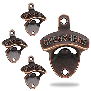 4 Pcs Bottle Opener Wall Mounted, Antique Metal Beer Bottle Top Openers Hardware With Mount Screws Set, Outdoor, Rustic, Cabinet, Bar (Vintage-Red bronze)