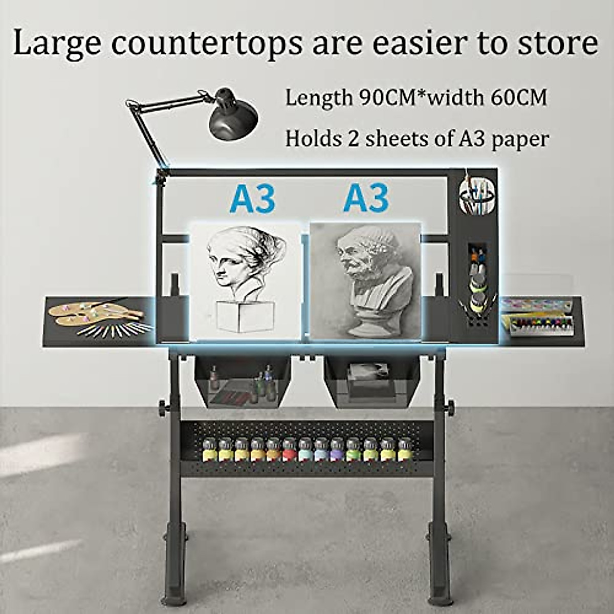 Drawing Table Drafting Table Art/Adjustable Glass Drawing Table with 2 Drawers, Art Desk Art Table with Storage, Student Desk Study Desk for Drawing, Painting, Writing And Studying beautiful scenery