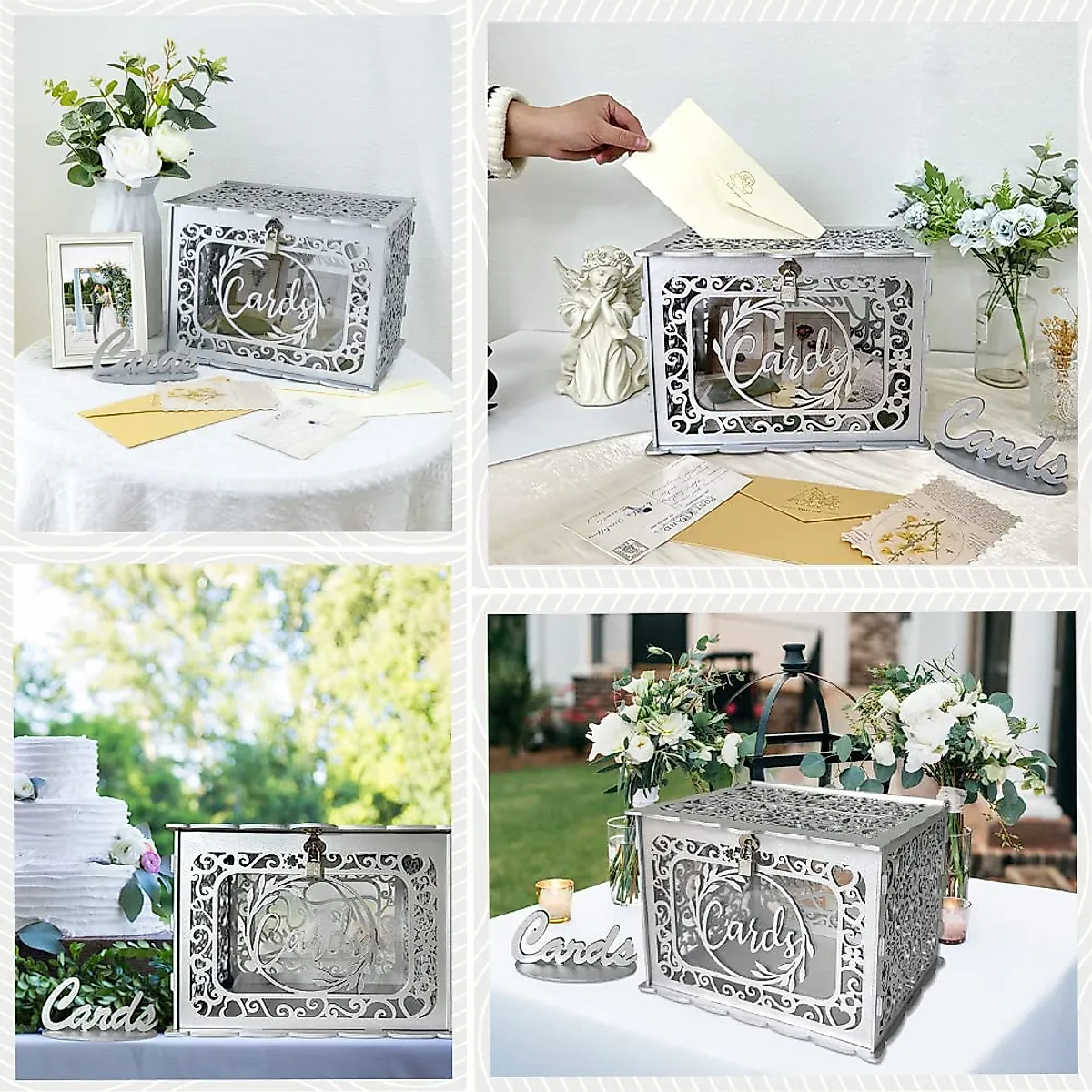 OurWarm Silver Wedding Card Box with Lock, Wood Gift Card Box Holder with Clear Window and String Light Design, DIY Envelope Money Card Box for Wedding Reception Birthday Party Graduation Decorations