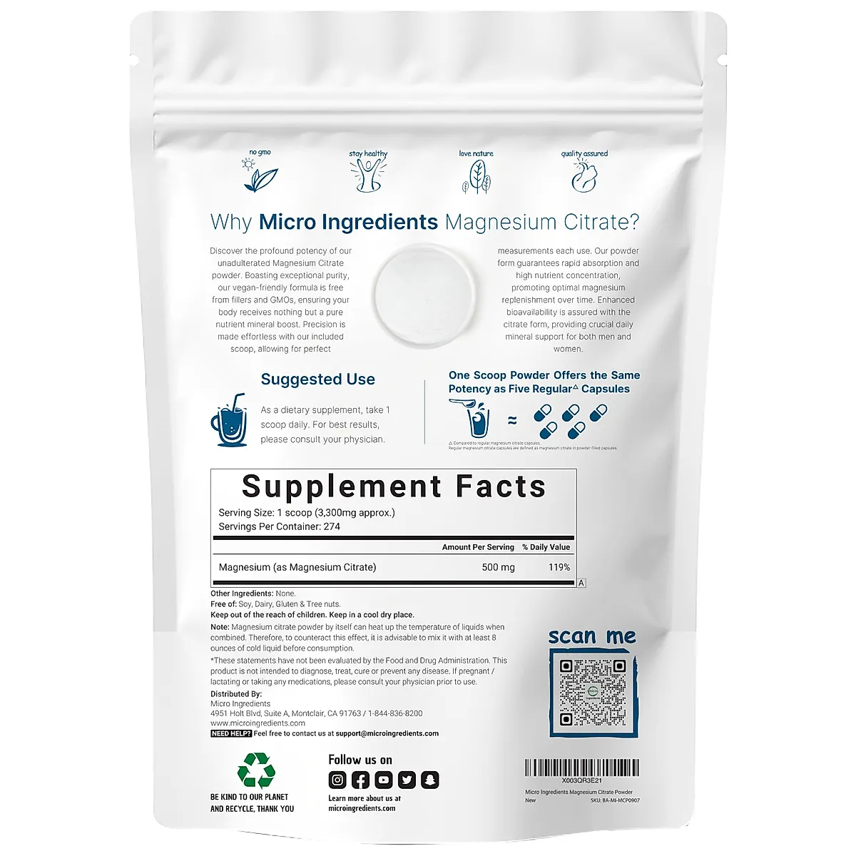Pure Magnesium Citrate Powder (Citrato de Magnesio en polvo), 2 Pounds (32 Ounce), Pure and Filler Free, Relaxation and Nutrient Utilization, Vegan