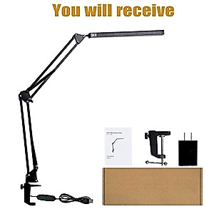 LED Desk Lamp, Adjustable Swing Arm Lamp with Clamp, Eye-Caring Reading Desk Light, 10 Brightness Levels, 3 Lighting Modes, Memory Function Desk Lamps for Home Office with Adapter (Black)
