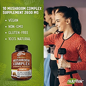 NutriFlair Mushroom Supplement 2600mg, 90 Capsules - 10 Mushrooms Blend - Reishi, Lions Mane, Cordyceps, Chaga, Turkey Tail, Maitake, Shiitake, Oyster Nootropic Complex - Brain, Energy, Focus Pills