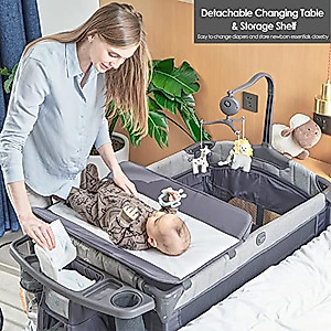 QUTANIX Baby Bassinet Bedside Bassinet Sleeper, 5-in-1 Pack and Play with Full-Size Bassinet,Baby Playard with Changing Table,Storage Shelf,Music Mobile with Soft Toys for Newborn to Toddlers (Grey)