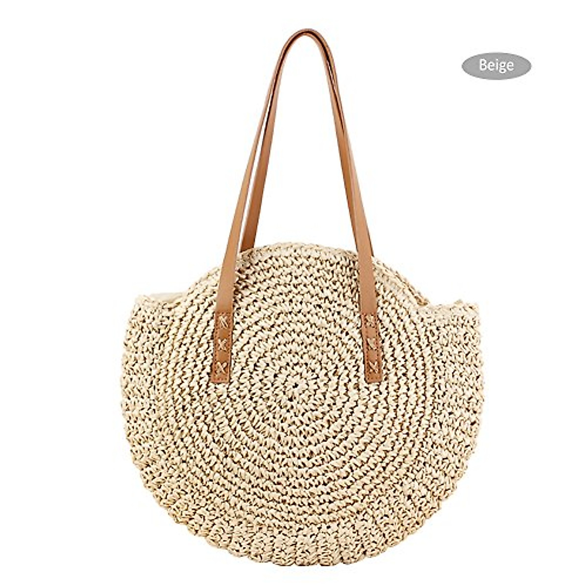 Round Woven Zippered Shoulder Bag,Handbags Beach Straw Bag Large Handmade Weaving Shoulder Bag Natural Chic Women Straw Woven Tote Summer Beach Tote for Women Vacation and Daily Use(Off-white