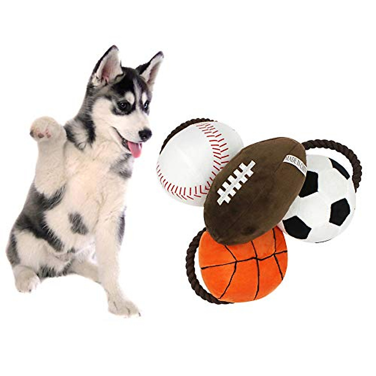 N/ hionre Interactive Playing Toys for Pets, Cotton Rope Plush Basketball Football Doll Chew Squeaky Toy for Pet Dog Cats Puppy Rugby
