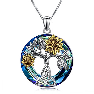 Sunflower Necklace 925 Sterling Silver with Crystal Sunflower Necklace Tree of Life Pendant Sunflower Jewelry Gifts for Women Mom Wife