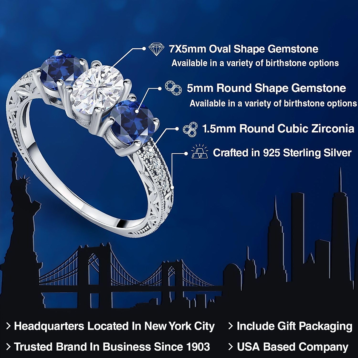 925 Sterling Silver 3-Stone Ring Set with Forever Brilliant (GHI) Oval Moissanite from Charles & Colvard and Created Sapphire (2.22 Cttw) (Size 6)