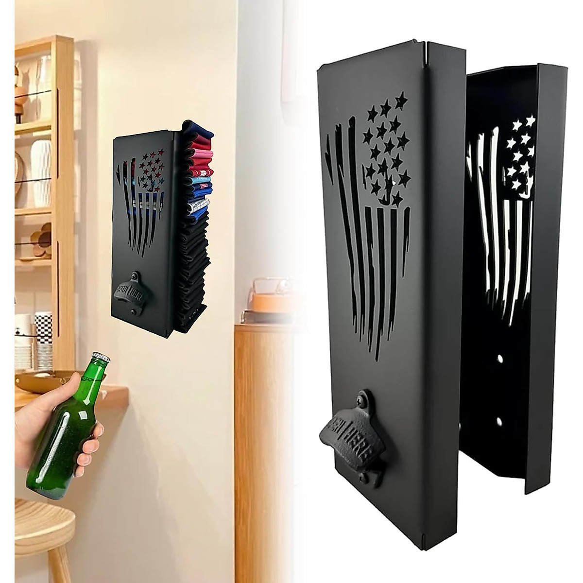 Oocpin 2024 Can Cooler Holder with Bottle Opener, Wall Mounted Can Cooler Holder, Ergonomic Magnetic Metal Can Cooler Dispenser, 2 in 1 Can Cooler Holder for Home Bars (Flag 16in), Black