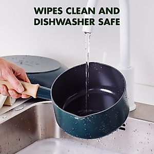 GreenPan Hudson Healthy Ceramic Nonstick, 1.75QT Saucepan Pot, Vintage Wood Inspired Handle, PFAS-Free, Dishwasher Safe, Forest Green