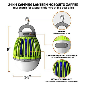 Zapout Camping Lantern Bug Buster Bulb Zapper Tent Light Portable Led and Emergency Lamp with Waterproof Mosquito Repellent Fly Killer USB 2000mAh Rechargeable Battery for Outdoor (Lime Green)