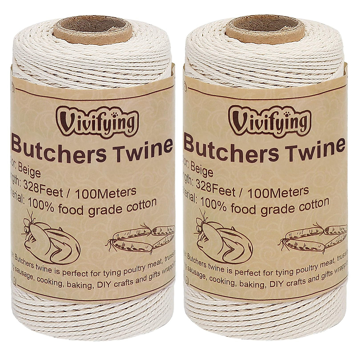 Vivifying Butchers Twine, 2pcs x 328 Feet 3Ply Cotton Bakers Twine, Food Safe Cooking String for Tying Meat, Making Sausage, Trussing Turkey, Roasting and Packing (Beige)