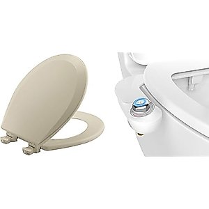 Church 540 Toilet Seat and Bidet Bundle, Easy Clean Wood Toilet Seat with Non-Electric, Easy to Install SlimGlow Bidet Attachment, Round, Bone