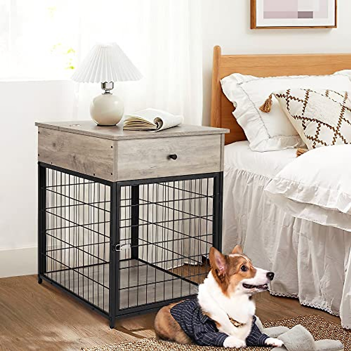 IDEALHOUSE Furniture Dog Crates, Style Wood Kennel End Table, House Indoor Use, Chew-Proof, Flip Top Storage, Casual Home Wooden Pet Crate, Crate Side Grey