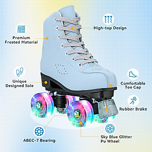 XUDREZ Roller Skates for Women Girls, SkyBlue Premium Frosted Material Roller Skates, Classic Double-Row High-top Roller Skates for Beginner, Indoor Outdoor Roller Skates (Women US: 8.5)