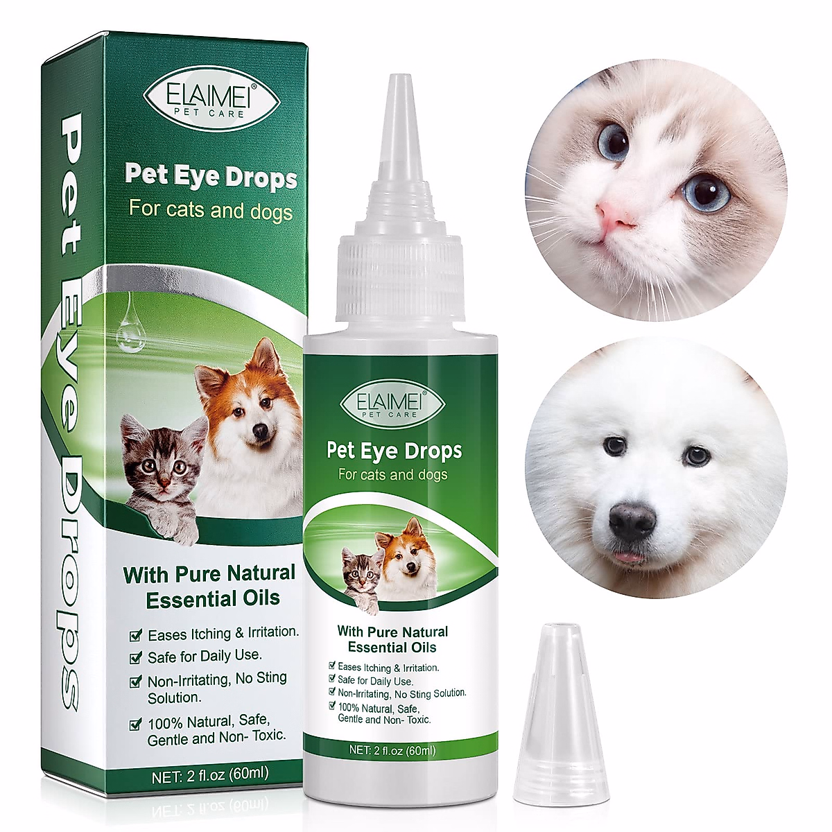60ML Pet Eye Drops for Dog & Cat Relieve Eyes Itching & Irritation, Pink Eye & Allergies Symptoms Safe & Gentle Formula for All Animals