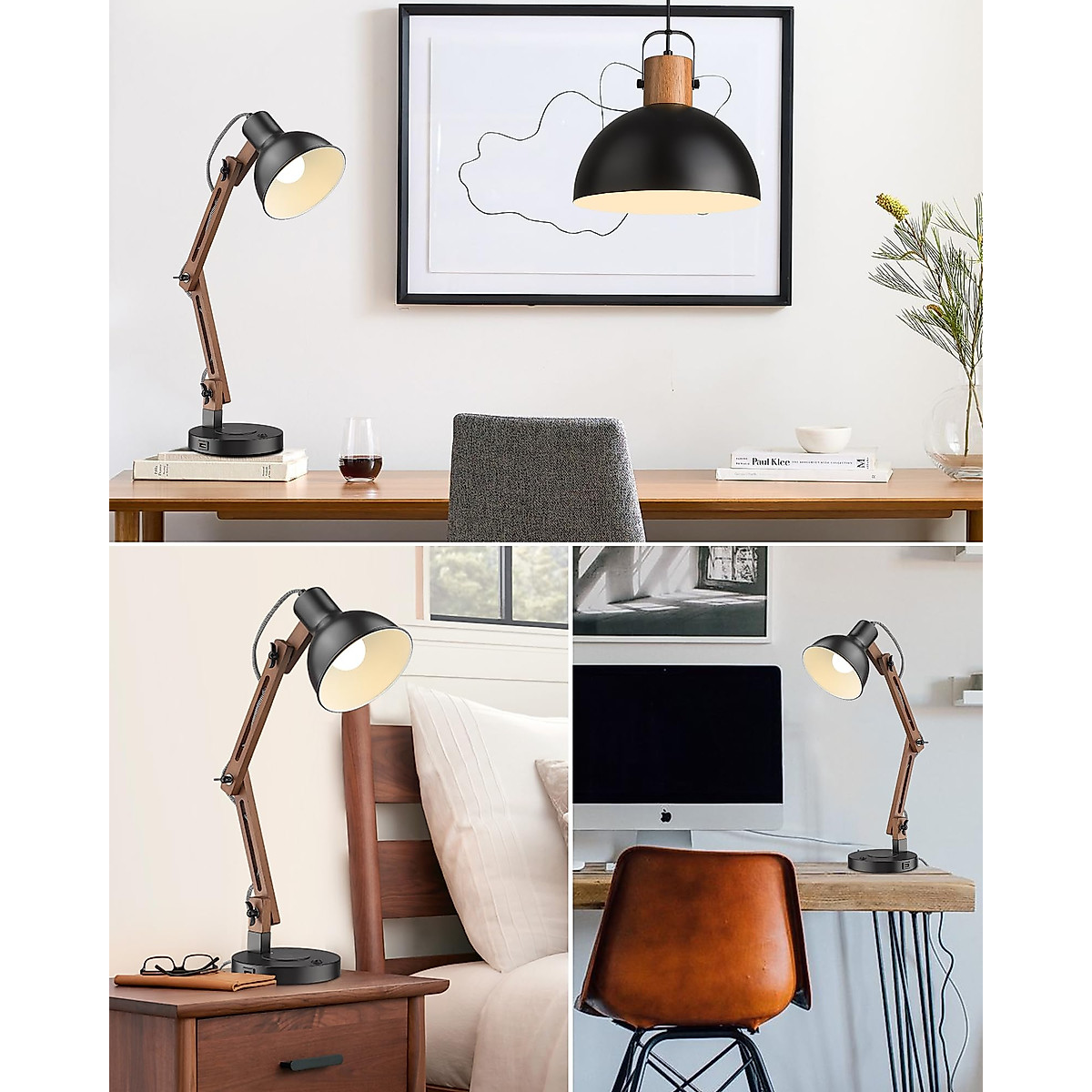 ELYONA LED Sapele Wood Desk Lamp with Upgraded Wireless Charger & USB C Charging Port Modern Table Lamp Swing Arm Bedside Reading Task Light for Dorm Office Bedroom Living Room Bulb Included Black