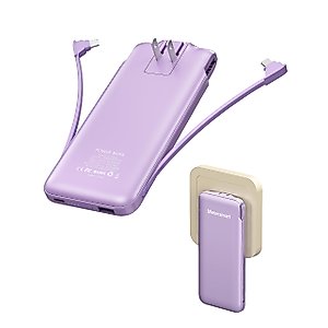 Metecsmart Portable Charger Power Bank with Built in Cable and AC Wall Plug, 10000mAh Fast USB C Phone Charger, Slim Thin Mini Charging Battery Pack Compatible with Smartphones and All USB-C Devices