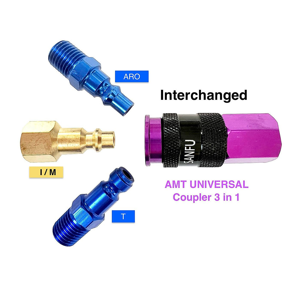 SANFU Polyurethane(PU) Air Hose 1/4-Inch x 100ft Reinforced, lightweight Anti-low temperature 300PSI with 1/4” Swivel Industrial Aluminum Quick Coupler and Plug, Bend Restrictor,Purple(100’)