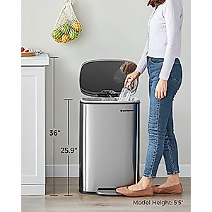SONGMICS 13 Gallon Trash Can, Stainless Steel Kitchen Garbage Can, Recycling or Waste Bin, Soft Close, Step-On Pedal, Removable Inner Bucket, Silver ULTB050E01