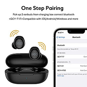 QCY T17 Ear Buds Wireless Bluetooth Earbuds with Charging Case Waterproof Stereo Headphones in Ear Built in Mic Headset Touch Control Premium Sound for iPhone Android, Black