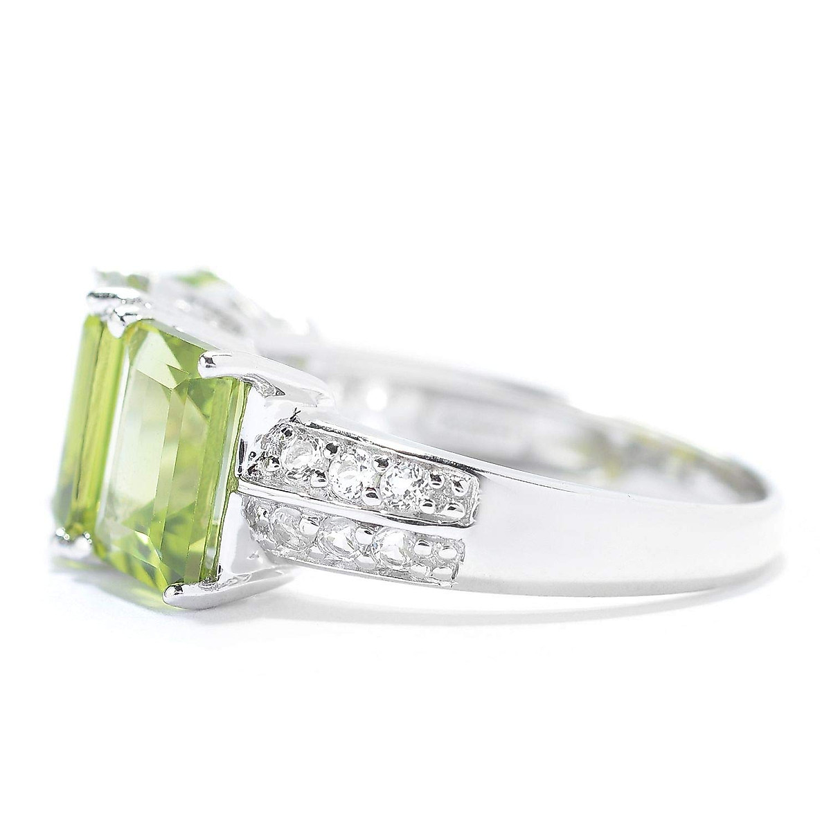 Pinctore Sterling Silver Emerald Cut Peridot & White Topaz Ring