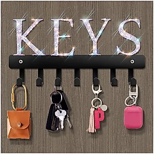 GUFONKOD Home Wall Mounted Glitter Key Hangers Holder Hooks Organizer Rack ，Bling Vintage Metal Decor for Entryway Front Door Kitchen Hallway Garage Office 10 inches 7 Hooks Black