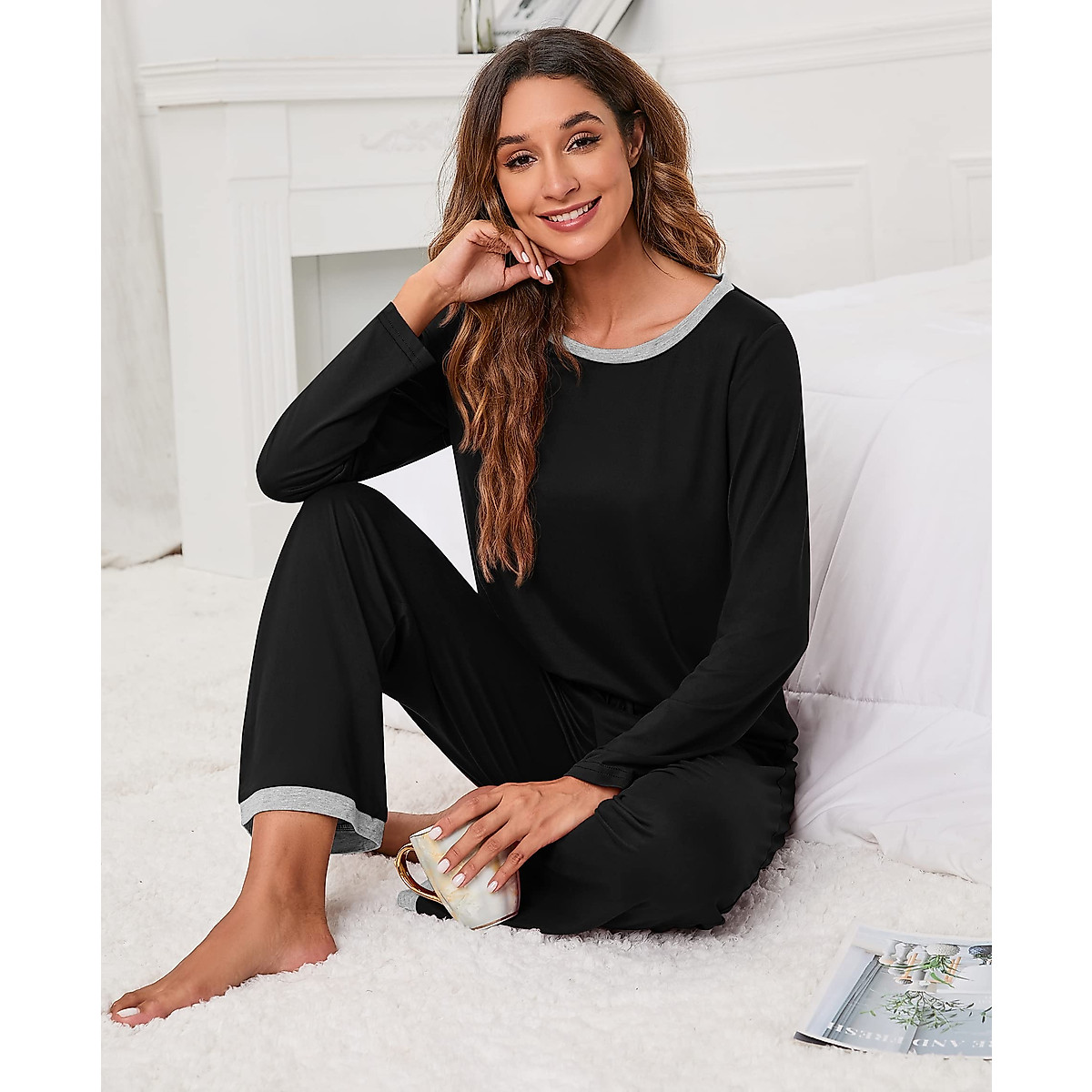 PrinStory 2025 Women's Pajama Set Long Sleeve Sleepwear Ladies Soft Pjs Lounge Set Black-L